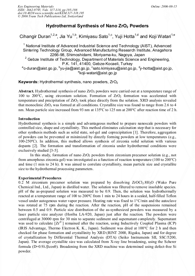 Hydrothermal Synthesis of Nano ZrO2 Powders | Scientific.Net
