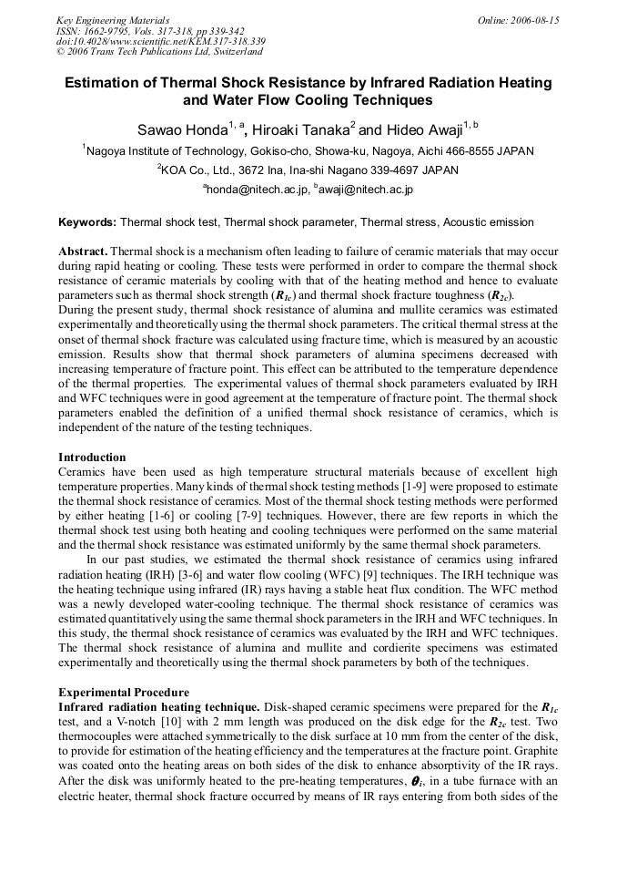 Estimation of Thermal Shock Resistance by Infrared Radiation Heating ...