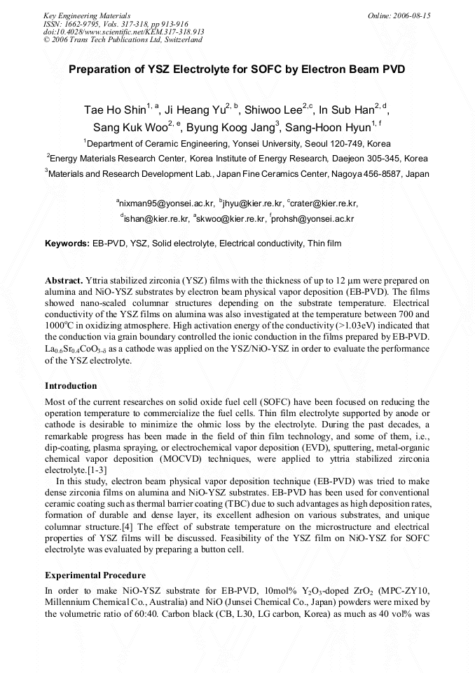 Preparation of YSZ Electrolyte for SOFC by Electron Beam PVD ...