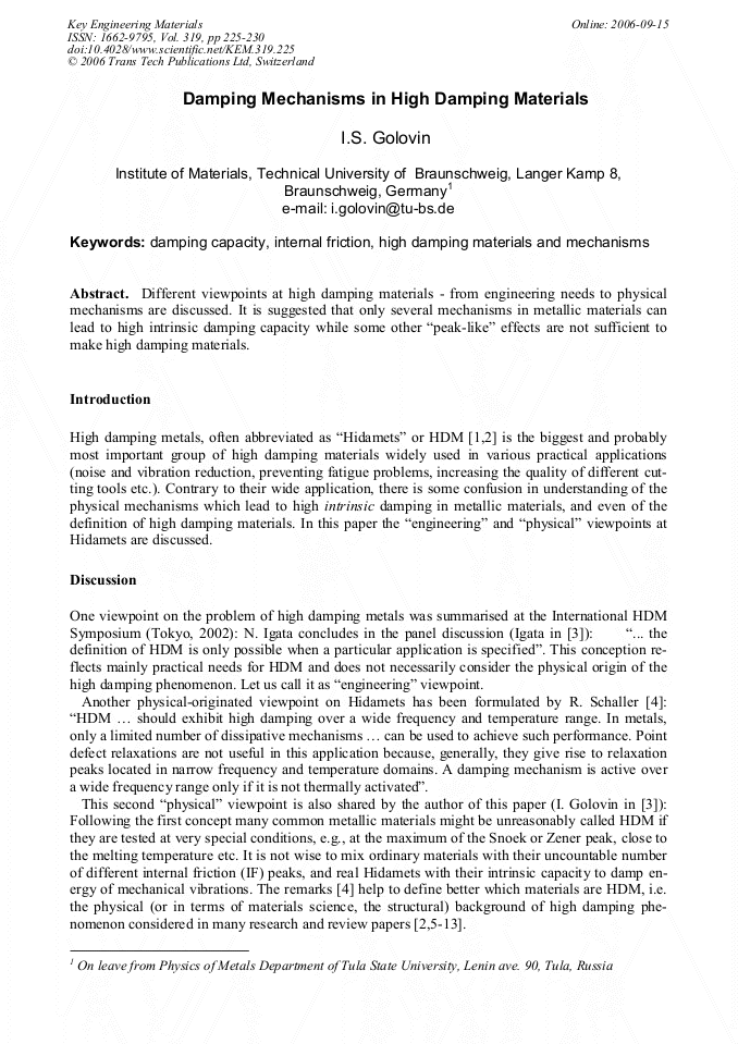 Damping Mechanisms in High Damping Materials | Scientific.Net