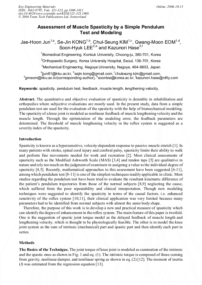 Assessment of Muscle Spasticity by a Simple Pendulum Test and Modeling ...