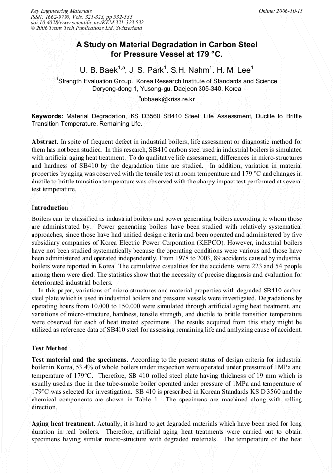 A Study on Material Degradation in Carbon Steel for Pressure Vessel at ...