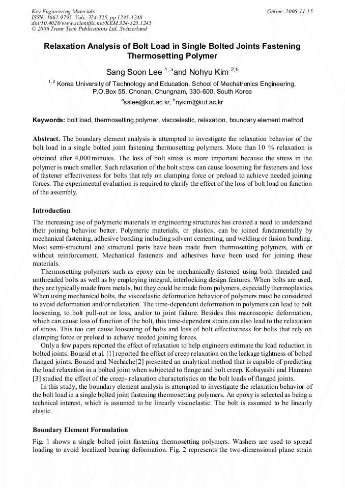 Relaxation Analysis of Bolt Load in Single Bolted Joints Fastening ...