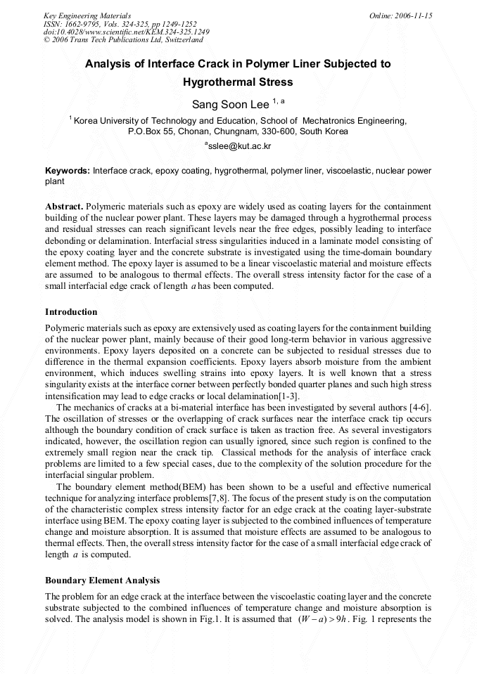 Analysis of Interface Crack in Polymer Liner Subjected to Hygrothermal ...