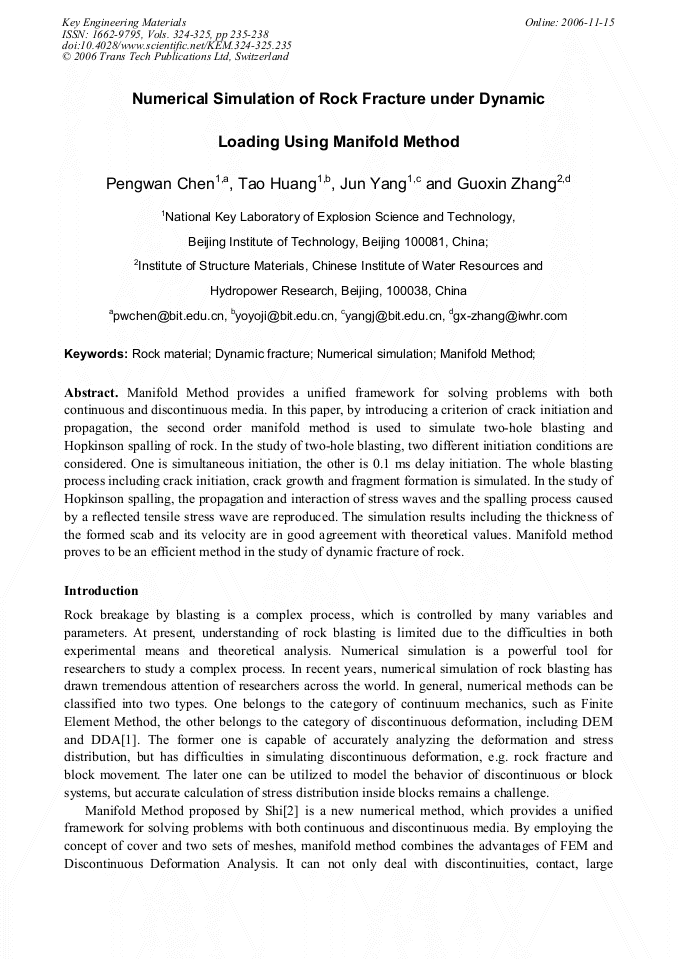 Numerical Simulation of Rock Fracture under Dynamic Loading Using Manifold Method | Scientific.Net
