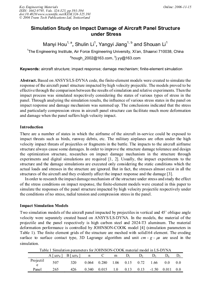 Simulation Study on Impact Damage of Aircraft Panel Structure under ...