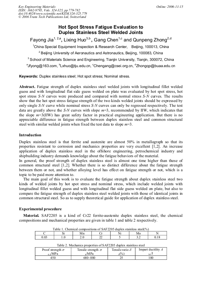 Hot Spot Stress Fatigue Evaluation to Duplex Stainless Steel Welded ...