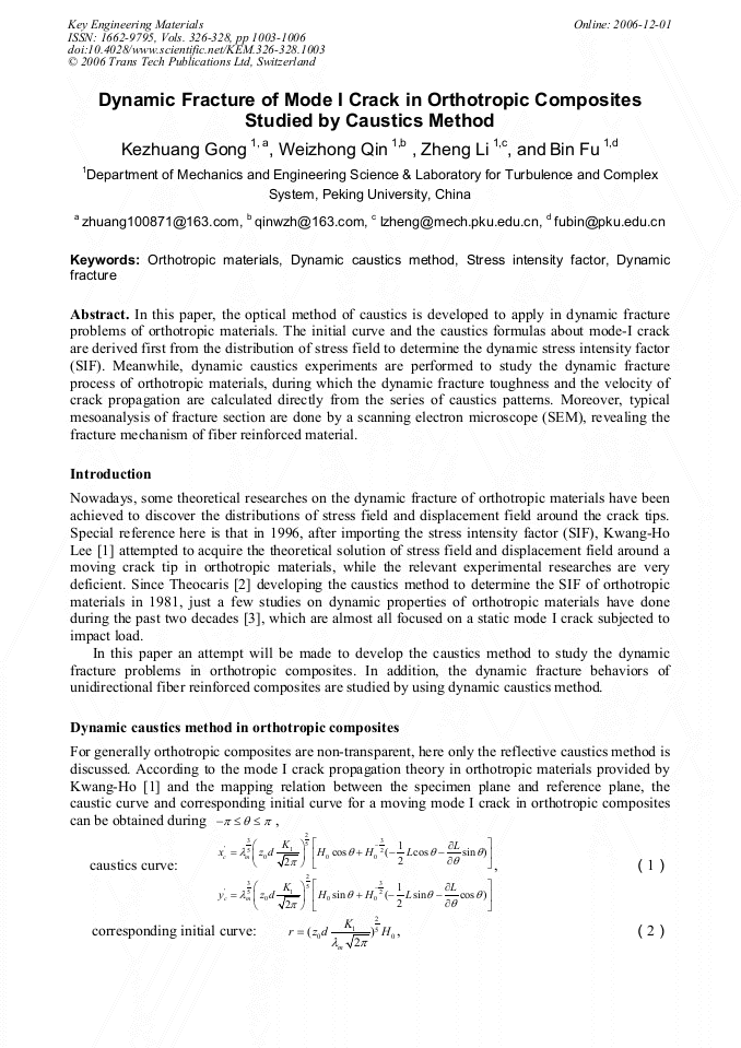 Dynamic Fracture of Mode I Crack in Orthotropic Composites Studied by ...