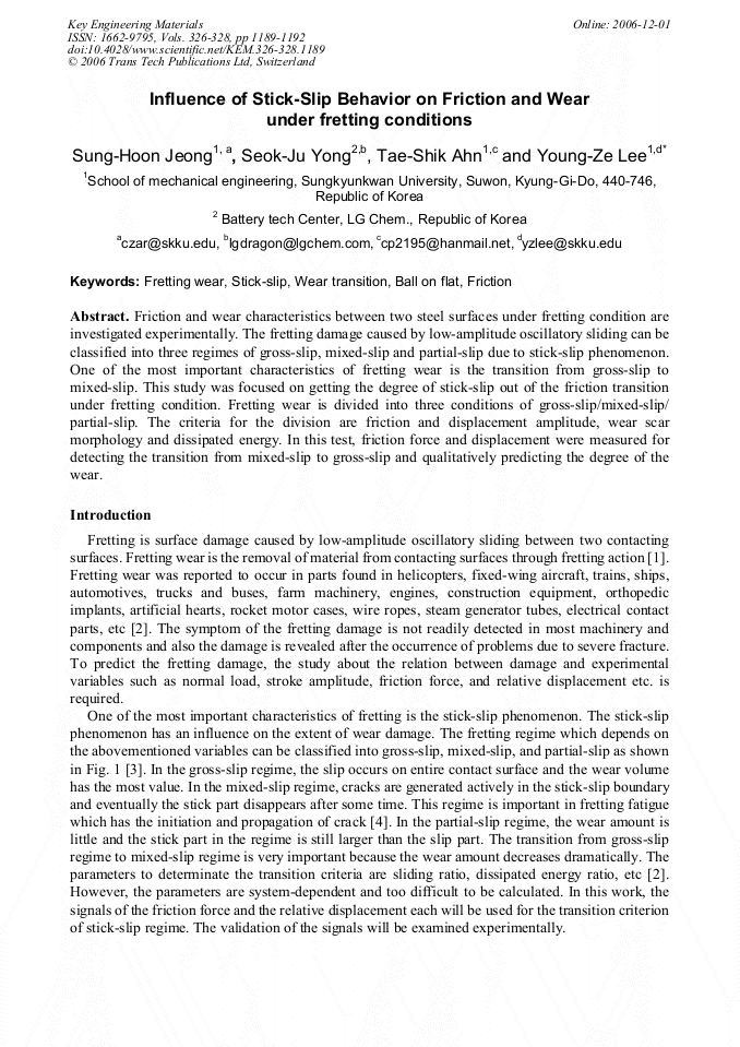 Influence of Stick-Slip Behavior on Friction and Wear under Fretting ...