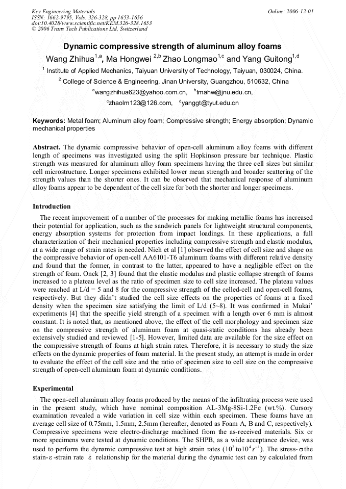 Dynamic Compressive Strength of Aluminum Alloy Foams | Scientific.Net
