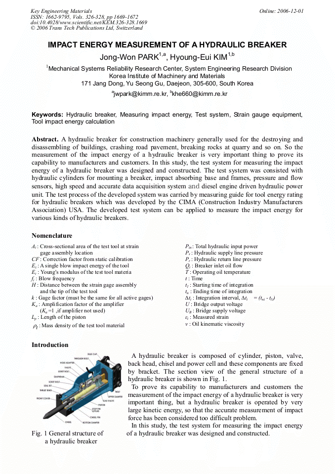 Impact Energy Measurement of a Hydraulic Breaker | Scientific.Net