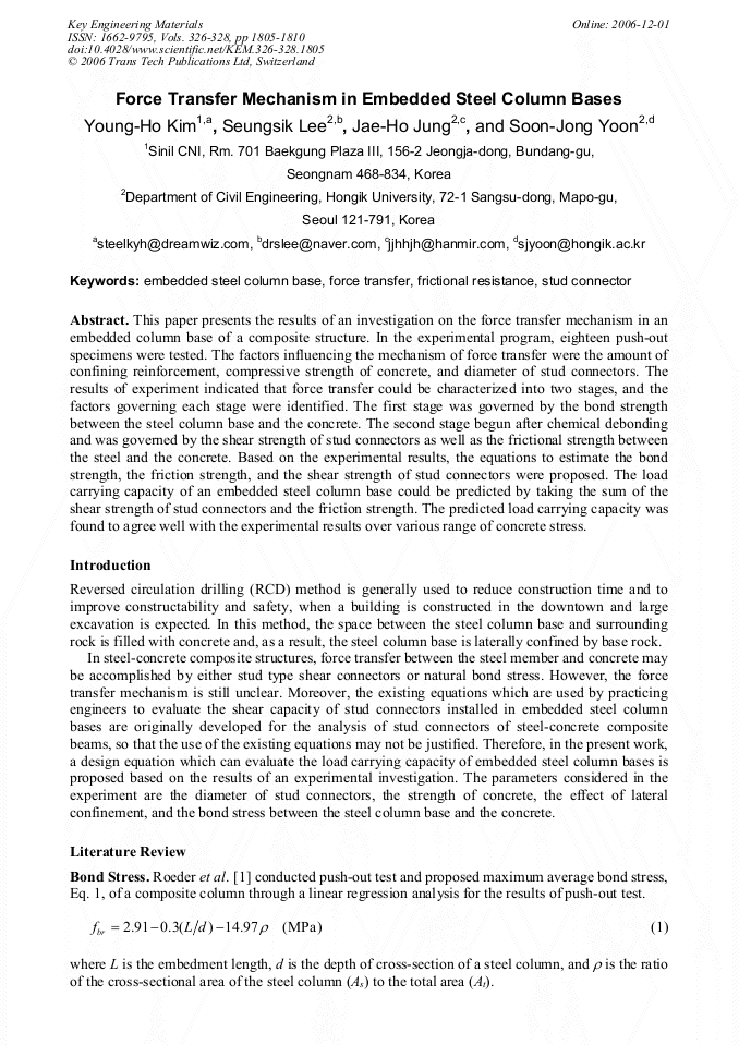 Force Transfer Mechanism in Embedded Steel Column Bases | Scientific.Net