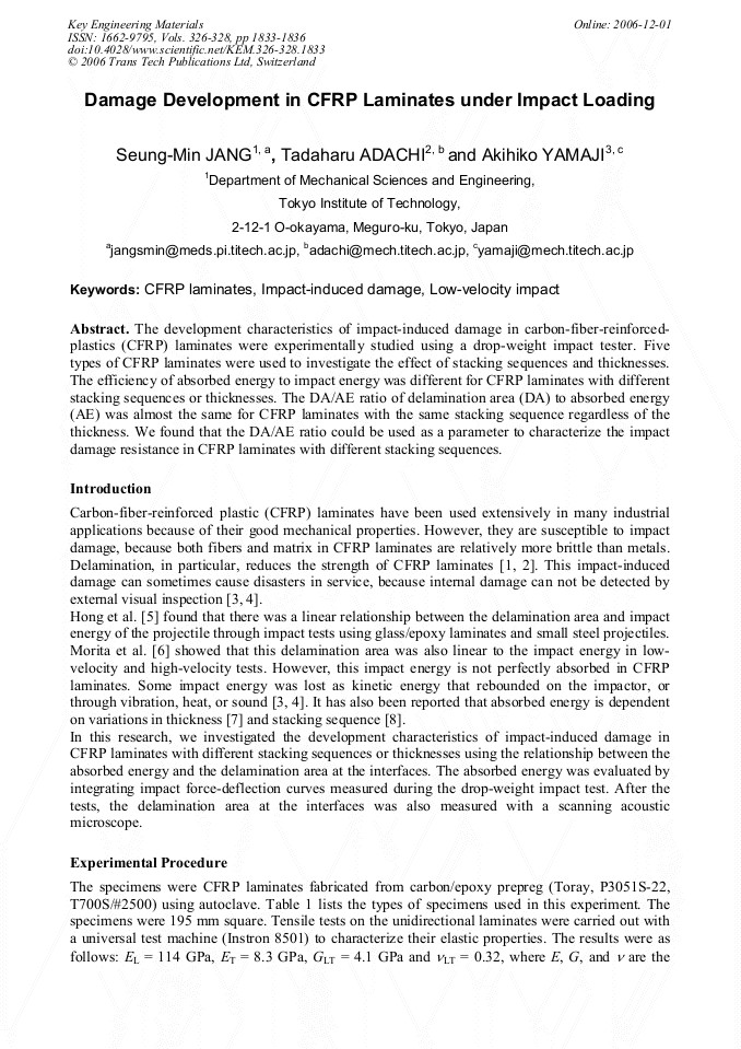 Damage Development in CFRP Laminates under Impact Loading | Scientific.Net
