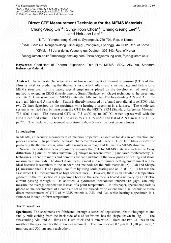 Direct CTE Measurement Technique for the MEMS Materials | Scientific.Net