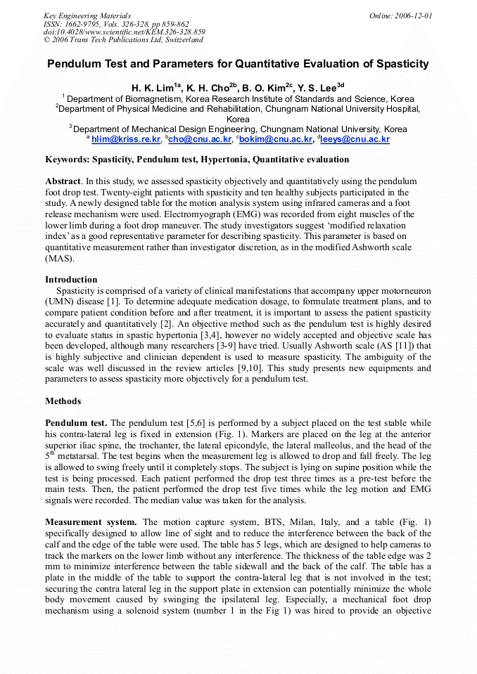 Pendulum Test and Parameters for Quantitative Evaluation of Spasticity ...