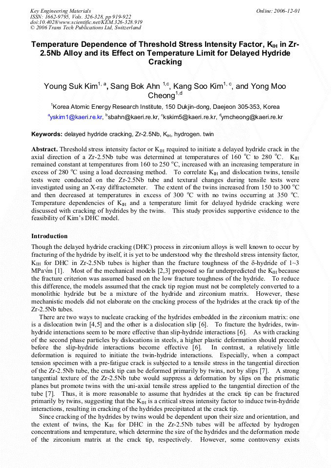 Temperature Dependence of Threshold Stress Intensity Factor, KIH in Zr ...