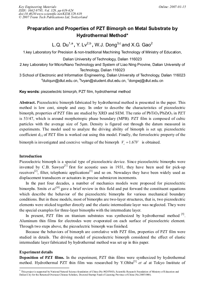 Preparation and Properties of PZT Bimorph on Metal Substrate by ...