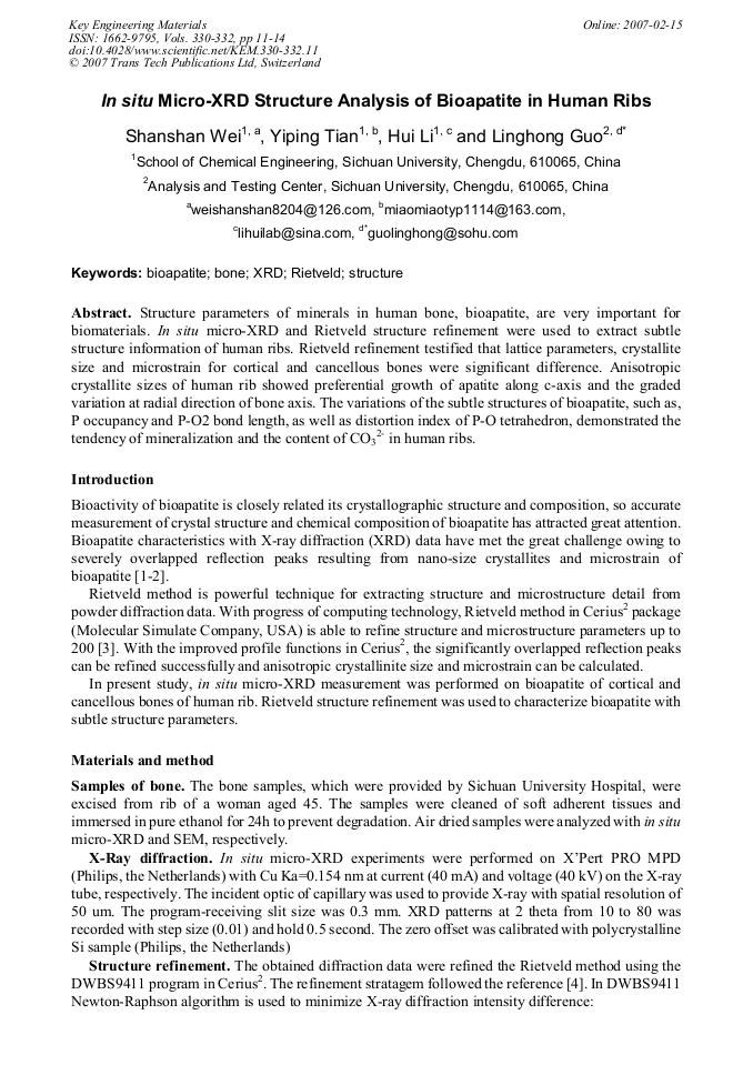 In Situ Micro-XRD Structure Analysis of Bioapatite in Human Ribs ...
