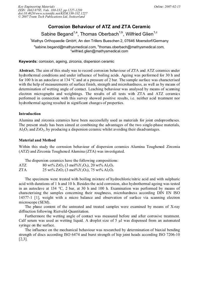 Corrosion Behaviour of ATZ and ZTA Ceramic | Scientific.Net