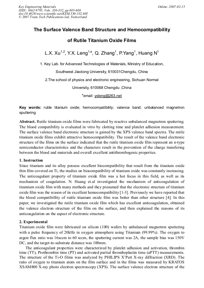 The Surface Valence Band Structure and Hemocompatibility of Rutile ...
