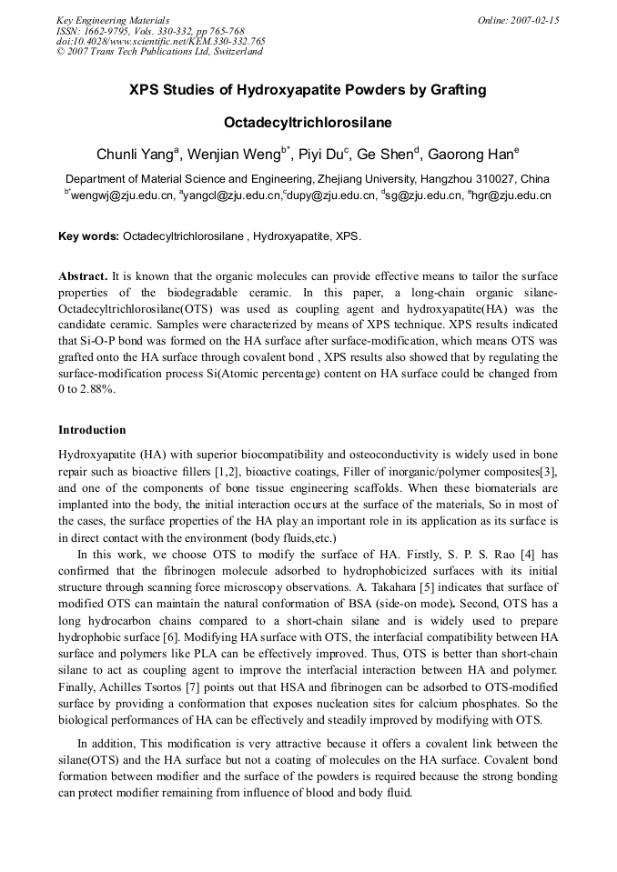 XPS studies of Hydroxyapatite Powders by Grafting ...
