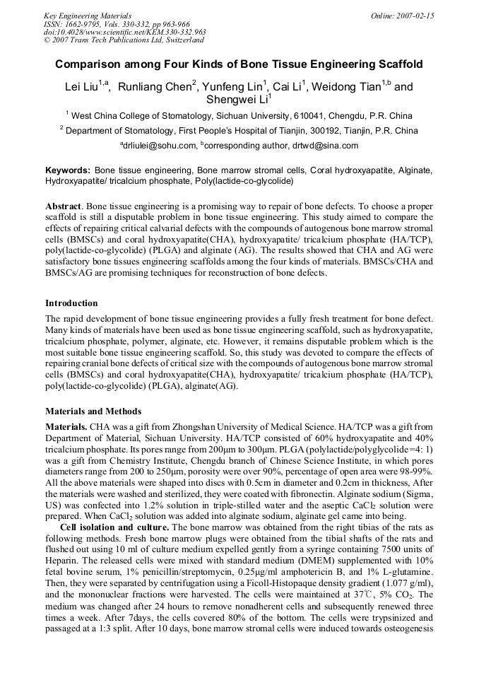 Comparison among Four Kinds of Bone Tissue Engineering Scaffold ...