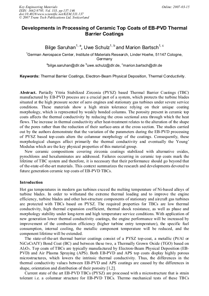 Developments in Processing of Ceramic Top Coats of EB-PVD Thermal ...