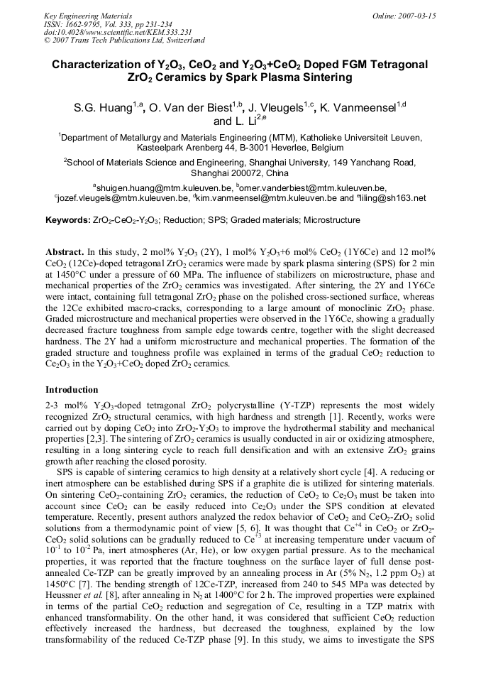 Characterization of Y2O3, CeO2 and Y2O3+CeO2 Doped FGM Tetragonal ZrO2 ...