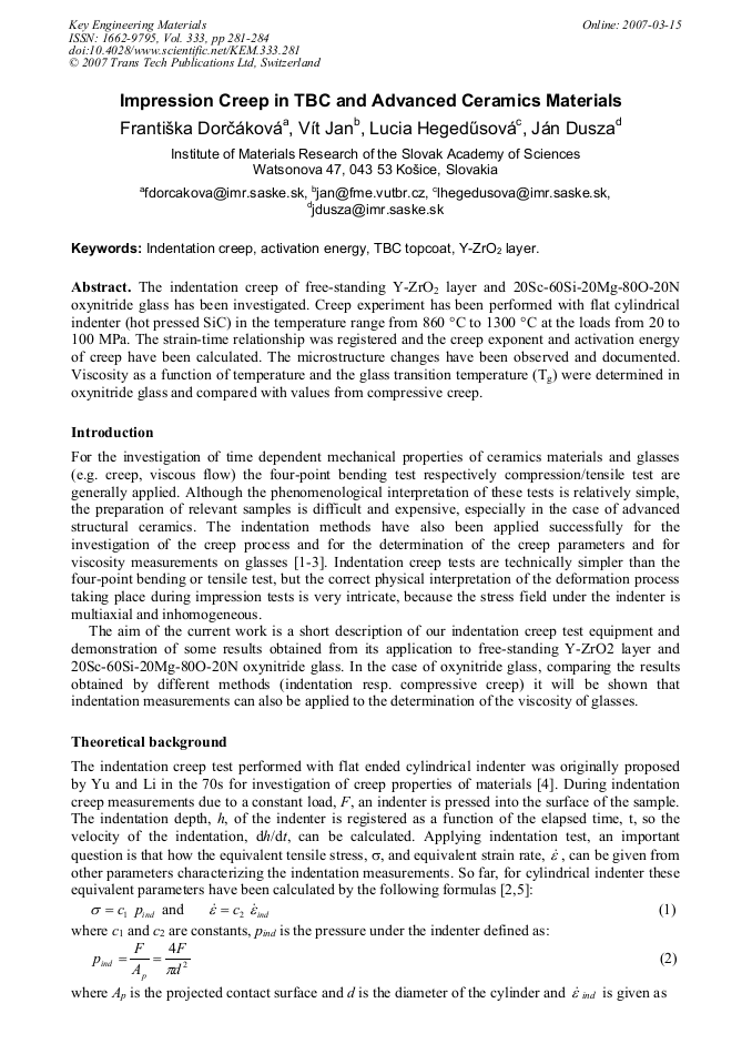 Impression Creep in TBC and Advanced Ceramics Materials | Scientific.Net