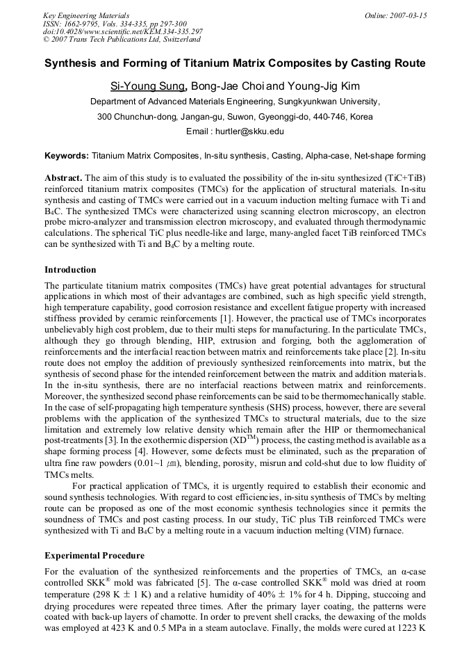 Synthesis and Forming of Titanium Matrix Composites by Casting Route ...