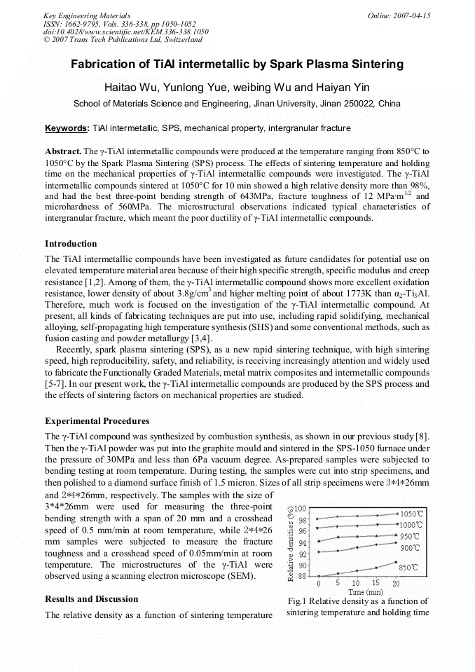 Fabrication of TiAl Intermetallic by Spark Plasma Sintering ...