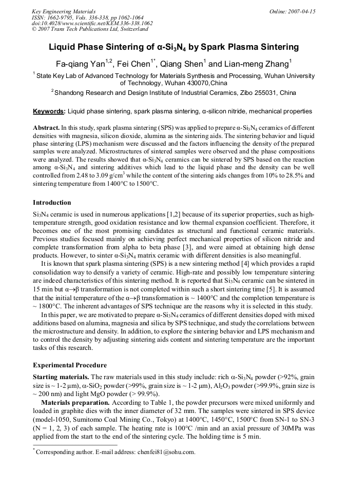 Liquid Phase Sintering of α-Si3N4 by Spark Plasma Sintering ...