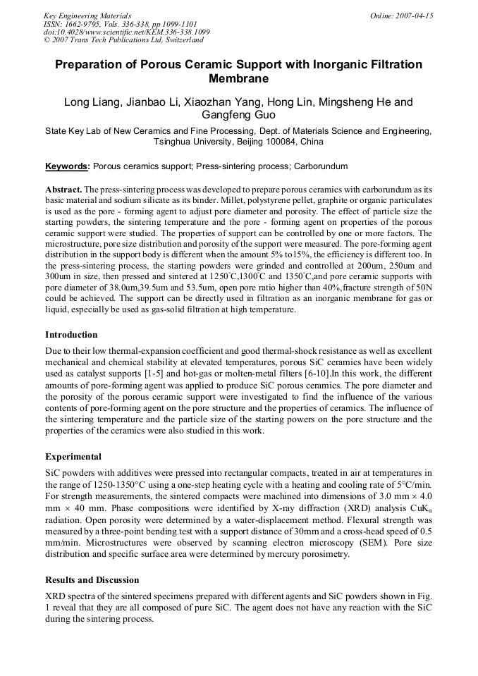 Preparation of Porous Ceramic Support with Inorganic Filtration ...