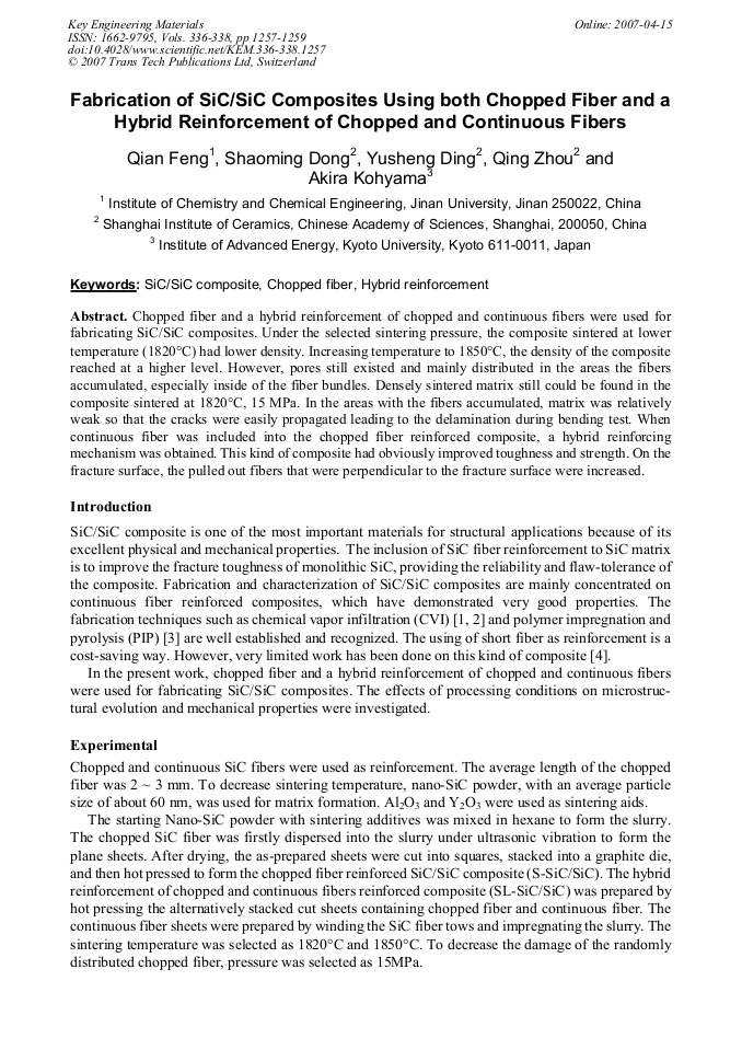 Fabrication of SiC/SiC Composites Using both Chopped Fiber and a Hybrid ...