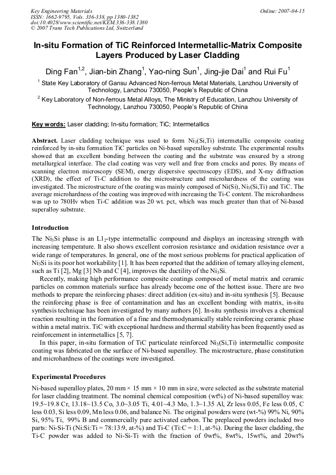 In Situ Formation of TiC Reinforced Intermetallic-Matrix Composite ...
