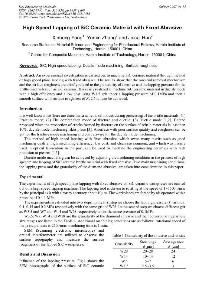 High Speed Lapping of SiC Ceramic Material with Fixed Abrasive ...