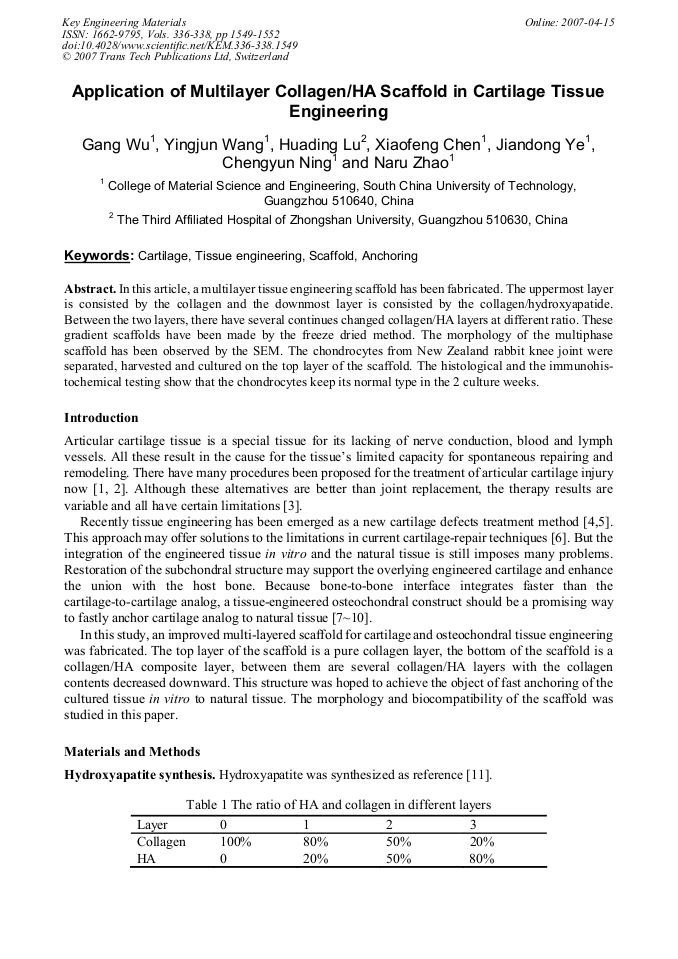 Application of Multilayer Collagen/HA Scaffold in Cartilage Tissue ...