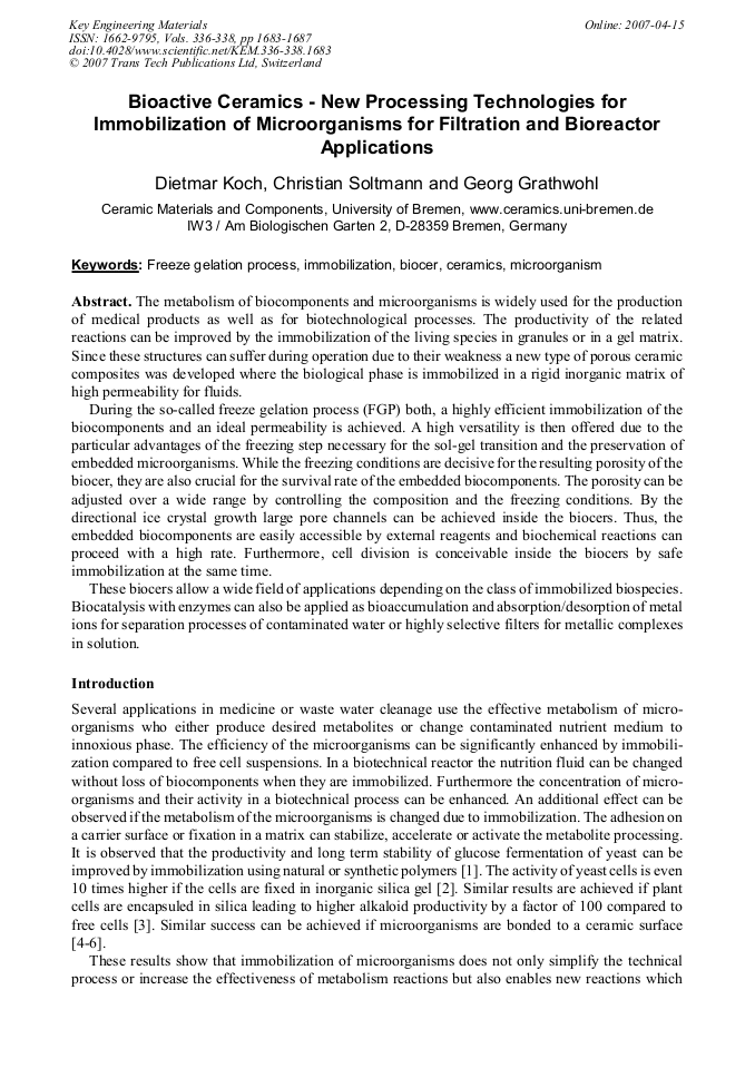 Bioactive Ceramics - New Processing Technologies for Immobilization of ...