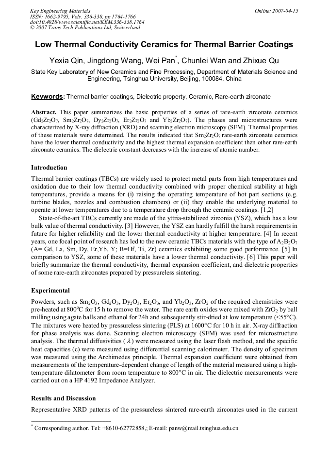 Low Thermal Conductivity Ceramics for Thermal Barrier Coatings ...