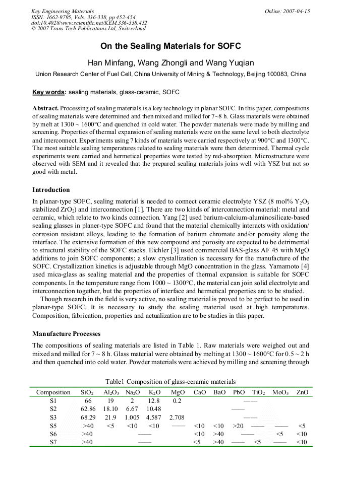 On the Sealing Materials for SOFC | Scientific.Net