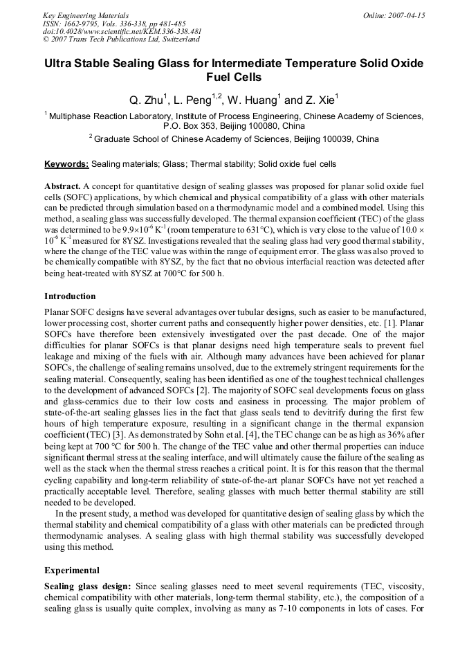 Ultra Stable Sealing Glass for Intermediate Temperature Solid Oxide ...