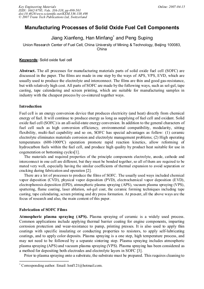 Manufacturing Processes of Solid Oxide Fuel Cell Components ...