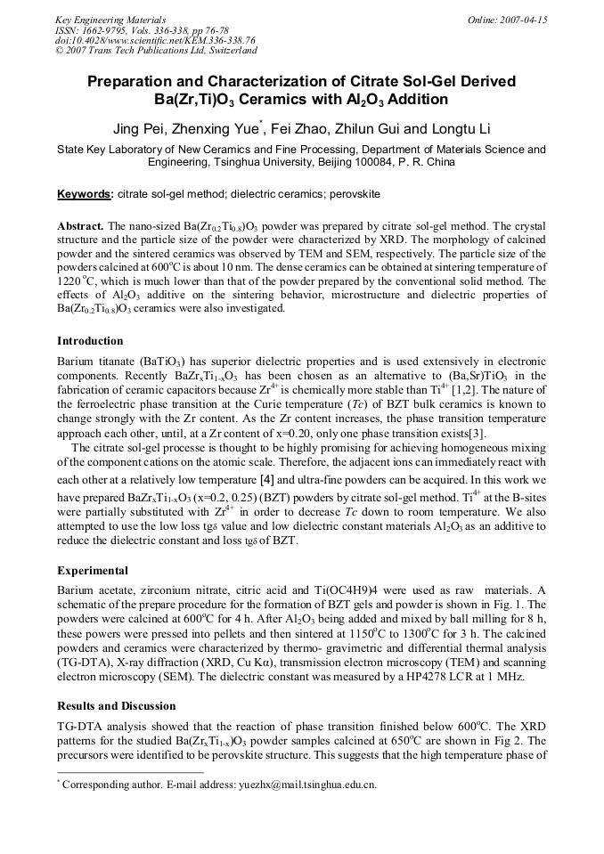 Preparation and Characterization of Citrate Sol-Gel Derived Ba(Zr,Ti)O3 ...