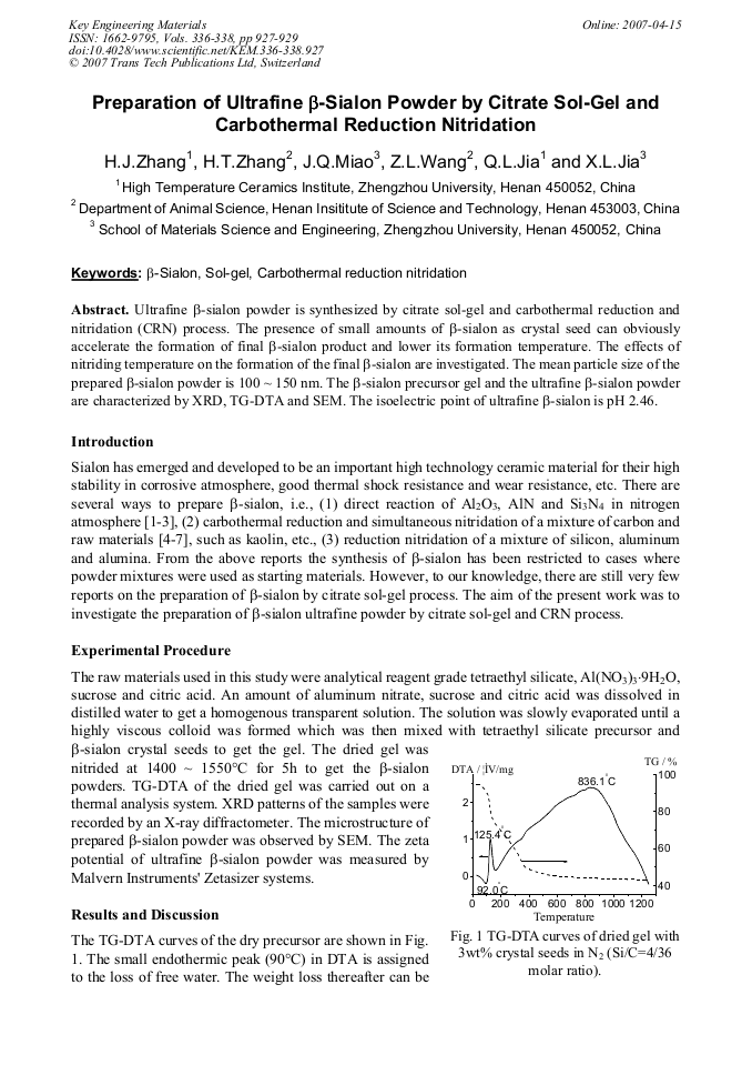 Preparation of Ultrafine β-Sialon Powder by Citrate Sol-Gel and ...