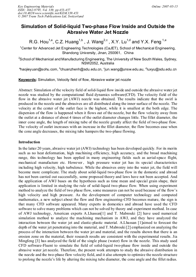 Simulation of Solid-Liquid Two-Phase Flow Inside and Outside the Abrasive Water Jet Nozzle ...