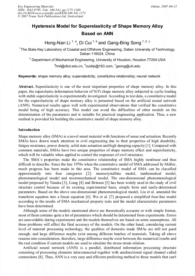 Hysteresis Model for Superelasticity of Shape Memory Alloy Based on ANN ...