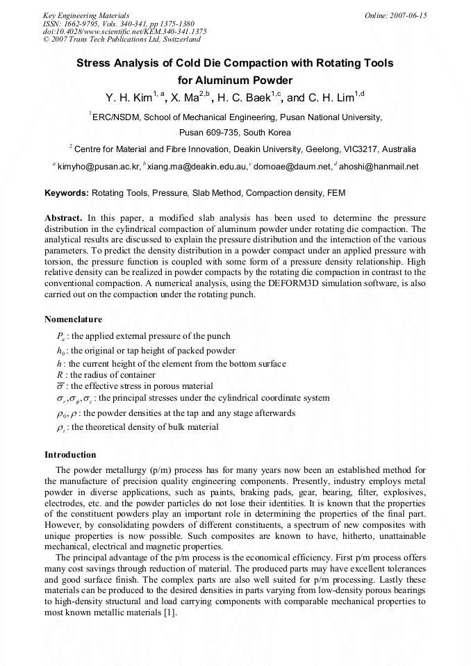 Stress Analysis of Cold Die Compaction with Rotating Tools for Aluminum ...