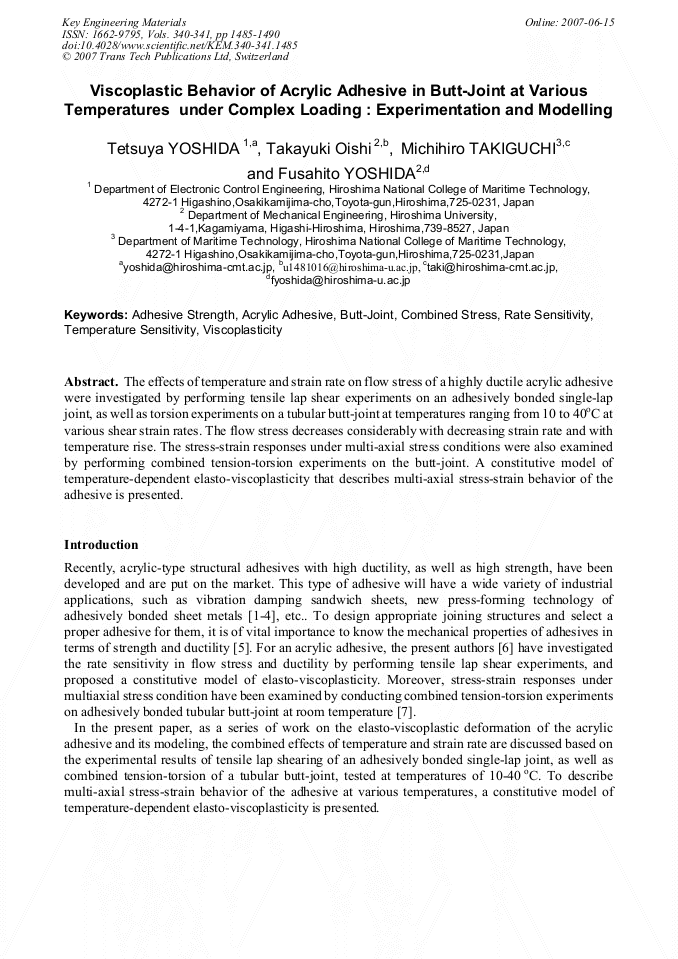 Viscoplastic Behavior of Acrylic Adhesive in Butt-Joint at Various ...