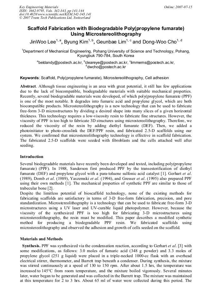 Scaffold Fabrication with Biodegradable Poly(propylene fumarate) Using ...