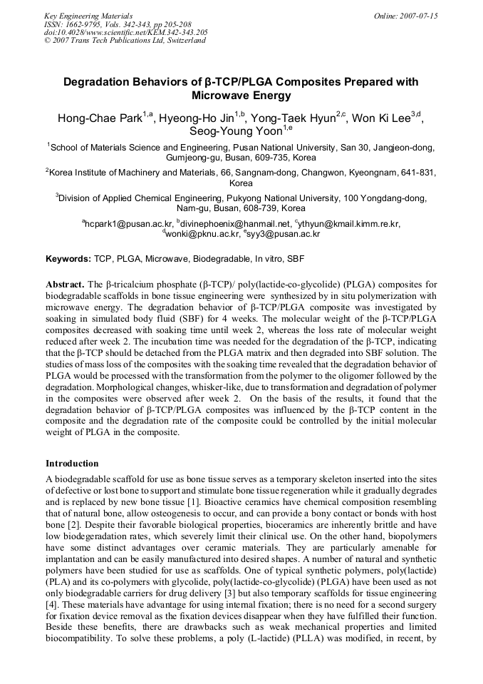 Degradation Behaviors of β-TCP/PLGA Composites Prepared with Microwave ...